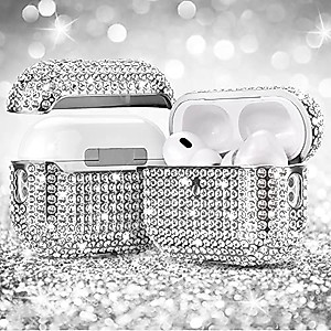 Case for AirPods Pro 2nd Generation, Filoto Cute AirPod Pro 2 Protective Case Cover for Women Girls, Bling Crystal PC Apple Air Pods Pro Cases Accessories with Lobster Clasp Keychain (Silver)