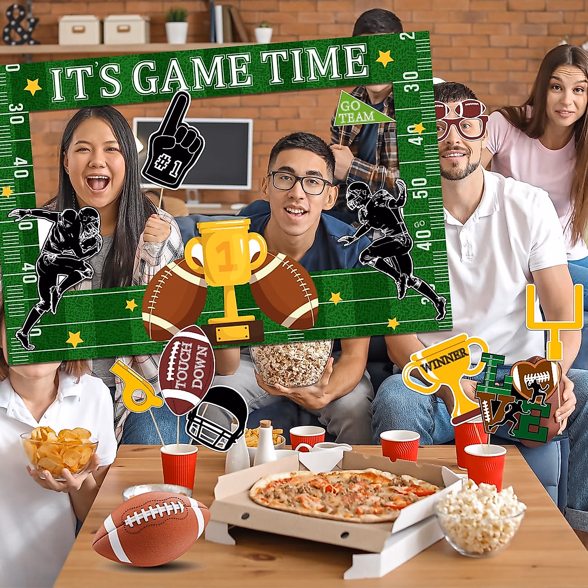 Football Photo Booth Props, Super Bowl Game Day Decorations Football Touchdown It's Game TIME Selfie Props with Photo Frame for Sport Football Superbowl Theme Party Favors Supplies