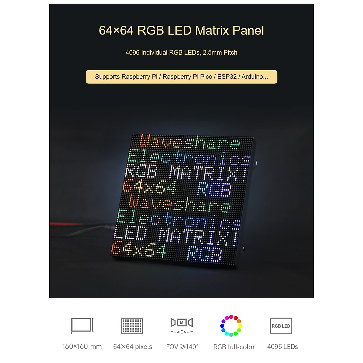 Full-Color RGB LED Matrix Panel for Raspberry Pi 4B+ 4B 3B+ 3B 2B+ Zero W WH Pico ESP32 Ardui 2.5mm Pitch 64×64 Pixels Adjustable Brightness