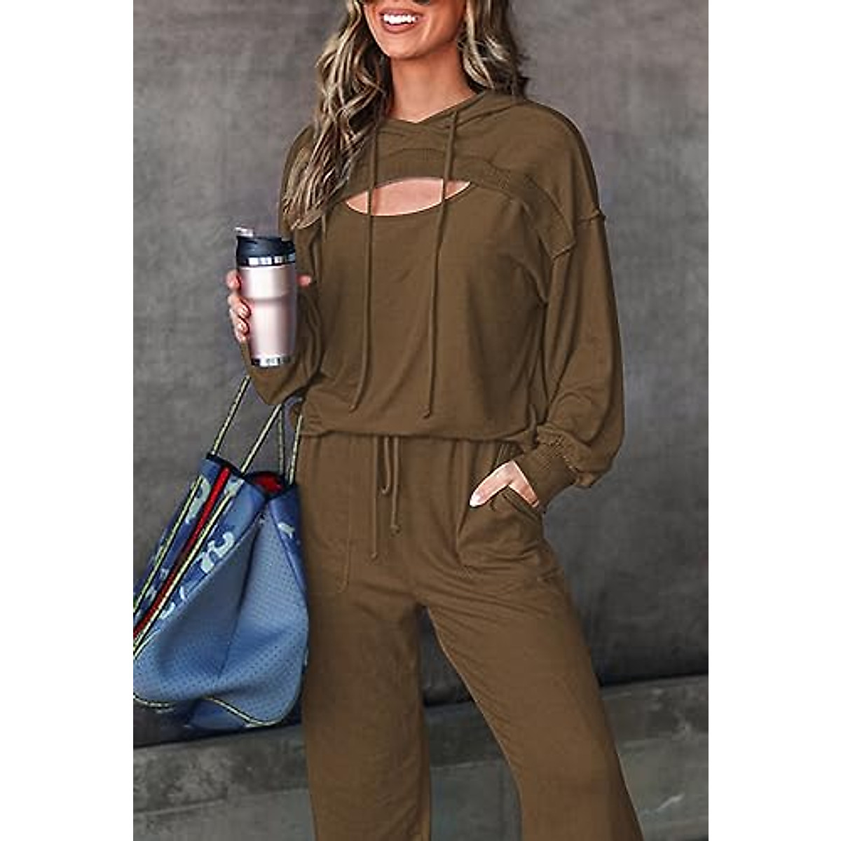 Pink Queen Two Piece Lounge Wear Sweat Sets Casual Relaxed Fit Fall Cutout Pullover Hoodies Tracksuit Ladies Running Active Drawstring Pants with Pockets Chocolate L