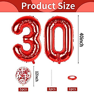 Red 30 Balloon Number, Number 30 Balloons, 40 Inch Red 30th Birthday Balloons with Confetti Balloon, 30th Birthday Decorations for Boy Girls, 30 Year Old Balloon for Birthday Party Anniversary