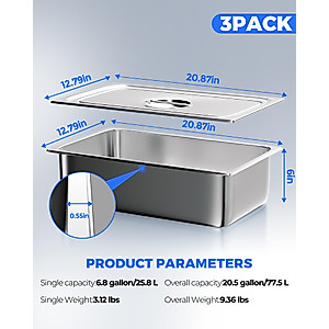 WantJoin Full Size Steam Table Pans with Lid, 3 Pack 6 Inch Deep Restaurant Steam Table Pans Commercial Cookwares, Hotel Pan Made of Stainless Steel