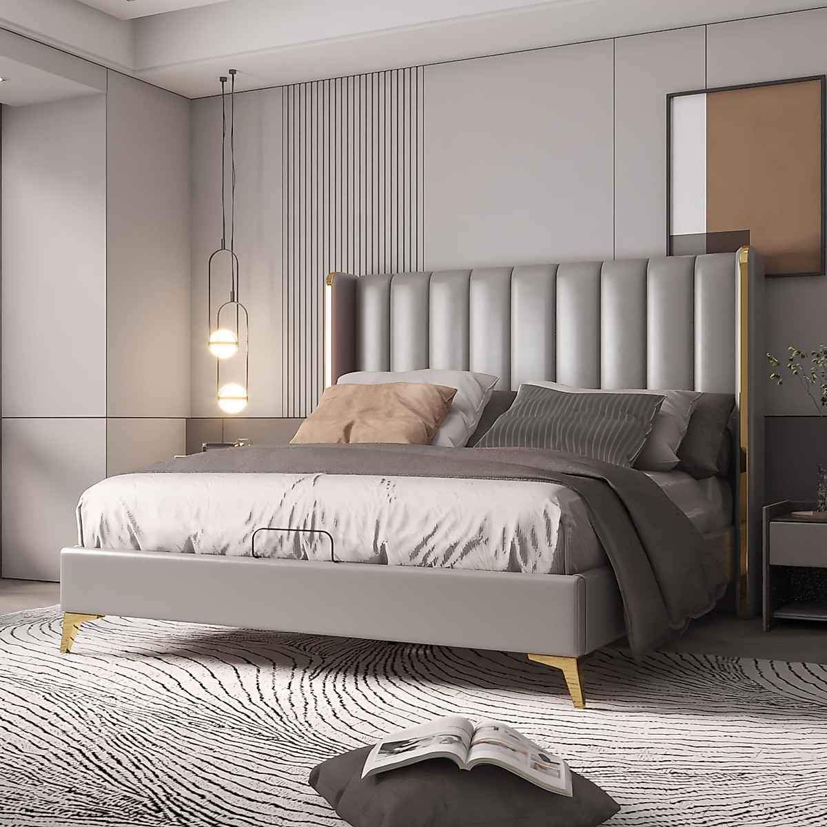 King Size Bed Frame, Upholstered Platform Bed with Tall Channel Tufted Headboard, Classic Modern Grey Mattress Foundation with Thickening Pine Wooden Slats and Metal Leg, No Box Spring Needed