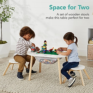 Best Choice Products 2-in-1 Kid's Wooden Building Block Table, Construction Activity Center for Playroom, Child Development w/Reversible Tabletop, 2 Stools, Storage Compartment