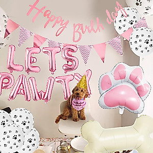 Dog Birthday Decorations Girls - Dog Party Decorations Cute Dog Girl Birthday Bandana Hats Happy Birthday Banner Pennant Pink Dog Paw Bone Foil Balloons for Pet Puppy Party Supplies