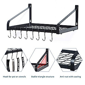 Love-KANKEI Pot Rack Wall Mounted Set of 2 Pan Pot Organizer Wall Shelves with 16 Hooks for Kitchen Cookware Utensils Organization Black