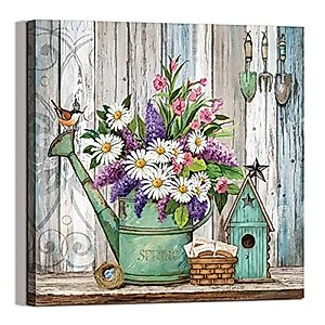 LAIART Farmhouse Decor Canvas Wall Art Lavender White Flowers Picture Vintage Wood Grain Modern Home Artwork