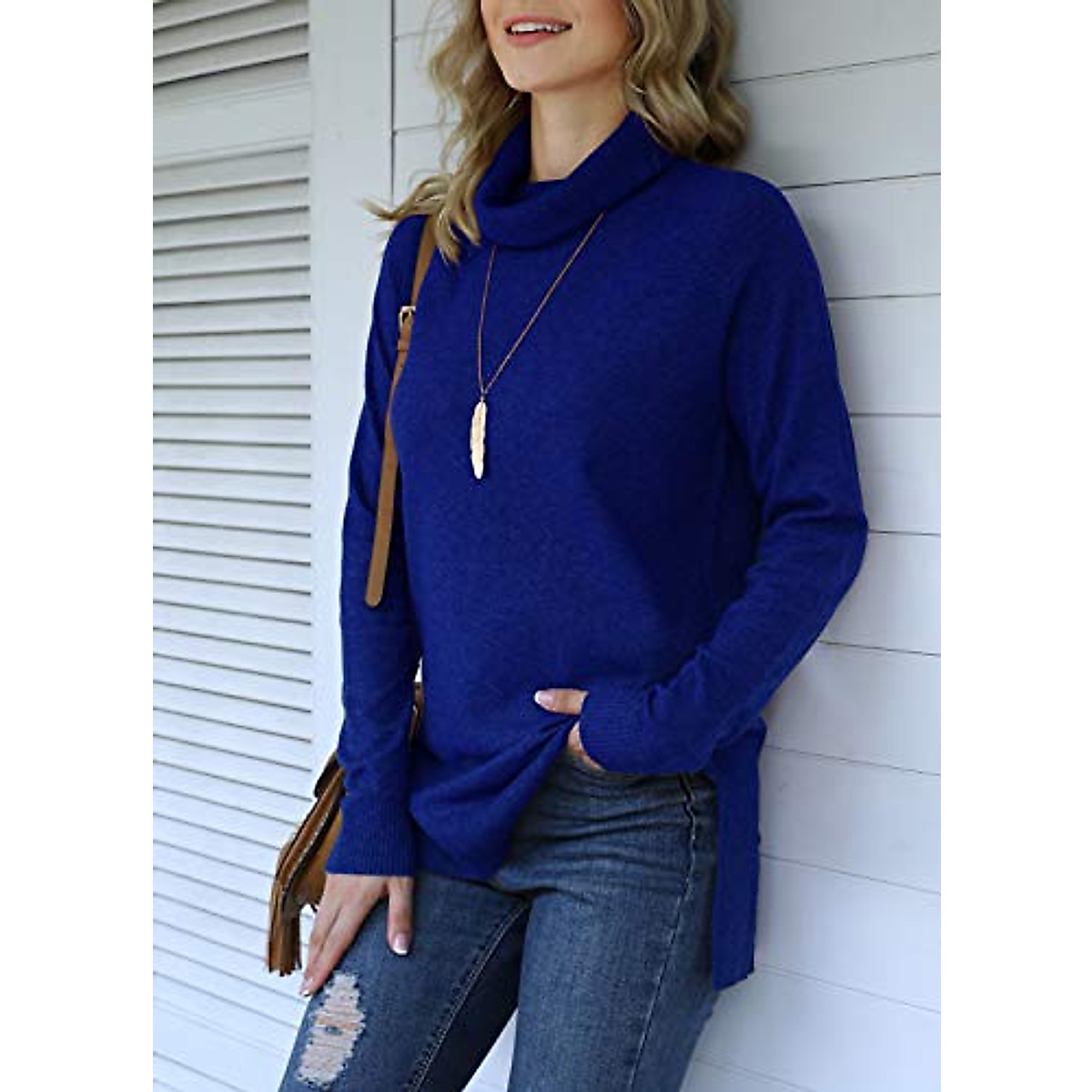 HWOKEFEIYU Womens Turtleneck Sweaters Long Sleeve Side Split Pullover Loose Knit Jumper(Royal Blue,X-Large)