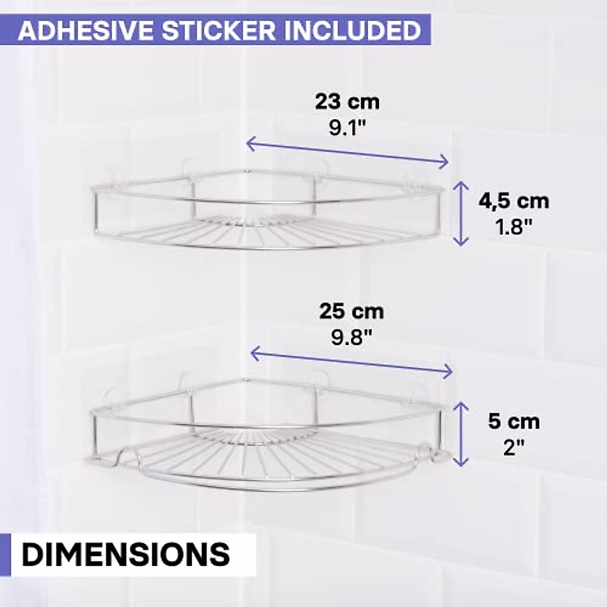 KINCMAX Corner Shower Caddy, Rustproof SUS304 Stainless Steel, Adhesive Wall Mount Double Baskets 2-pack with Built-in Towel Bar (Polished Silver)