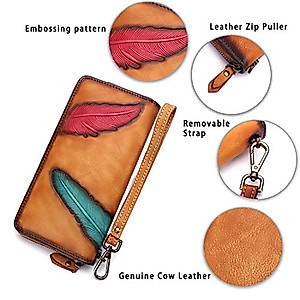 Women's Wallet Genuine Leather Zip Around Wristlet Long Purse Vintage Embossing Cowhide Capacity Handmade Clutch(Brown)