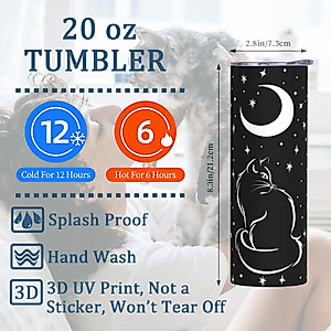 Srucddu 20oz Black Cat Moon Cat Insulated Tumbler With Lid And Straw, 3d Print Vacuum Cat Travel Mug Stainless Steel Coffee Tumbler Cup, Cat Gifts Cat Lover Tumbler for Cat Mom Women Girl