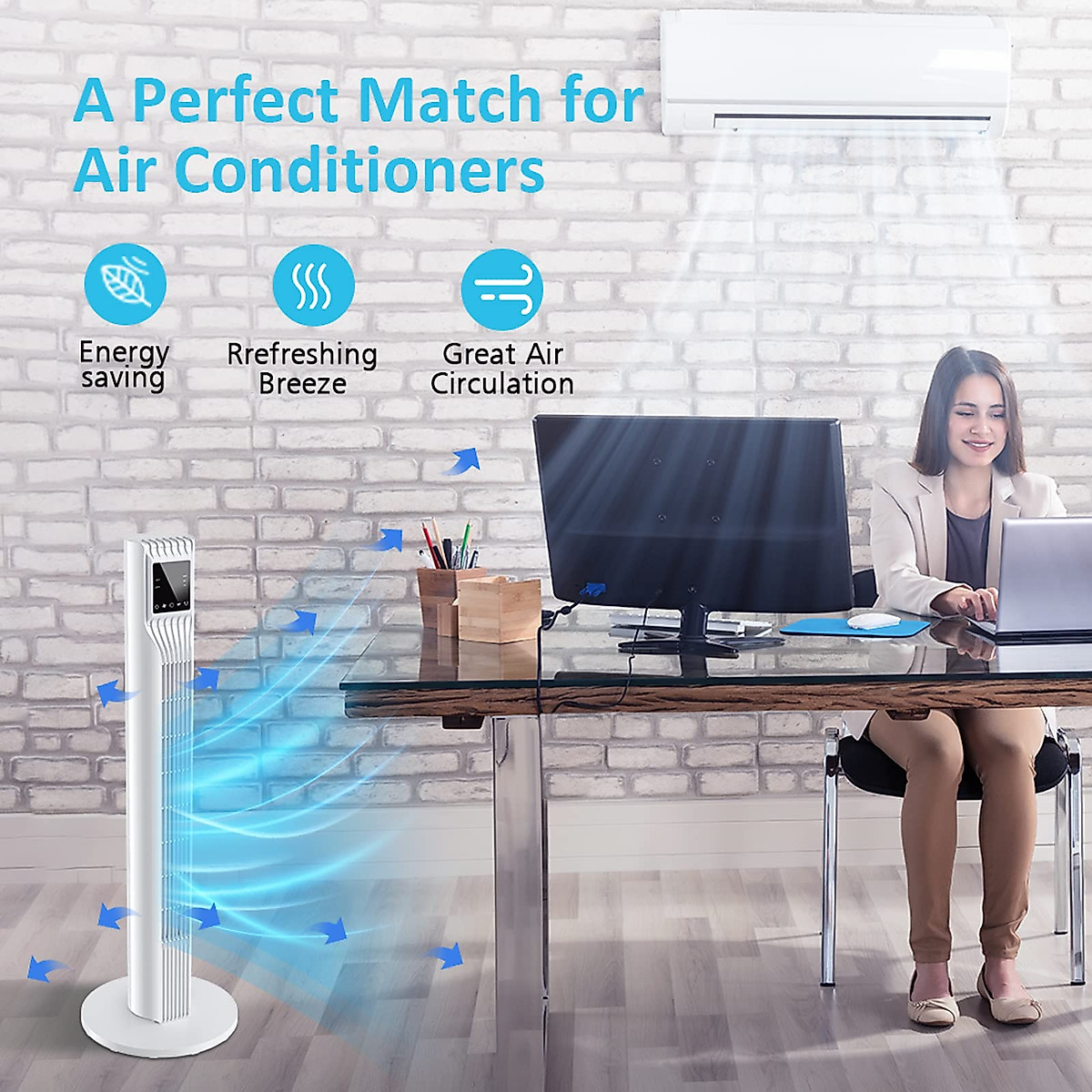 Tower Fan - 36" Bladeless Tower Fan with Remote, 7.5H Timer Quiet Cooling Fan, Oscillating Fan with 3 Speeds & Modes, LED Display, Portable Standing Floor Fan for Home Bedroom Living Room Office