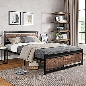 LOTCAIN Platform Bed Frame with Wooden Headboard, Heavy Duty, No Box Spring Needed, Strong Metal Slats Support, Noise-Free, Twin XL/Queen/King (Queen)