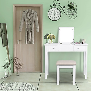 AODAILIHB Vanity Table with Flip Top Mirror Makeup Dressing Table Writing Desk with Cushioning Makeup Stool Set, 2 Drawers 3 Removable Organizers Easy Assembly (White)