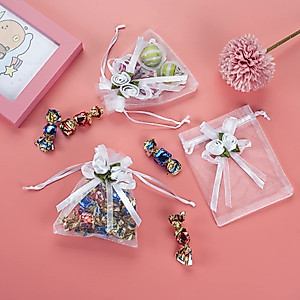 ONUPGO 50 Pack White Rose Organza Gift Bags with Drawstring, 4 x 4.7 inch Wedding Favor Gift Bags, Small Mesh Candy Bags Jewelry Pouches for Party Wedding Christmas DIY Craft