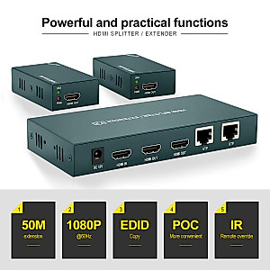 HDMI Extender Splitter 1x2 with IR, UHD 1080P@60Hz, Extending 165ft (50m) Length Transmission Over CAT5e/CAT6/CAT7 Cable, 2 Channel Transmission with 2 HDMI Loop Out