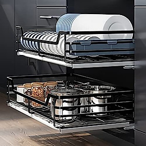 Pull Out Cabinet Drawer Organizer 2-Tier 304 Stainless Steel Wire Basket Pull Out Shelf Storage Organizer Heavy Duty Telescopic Shelving Slide Out Storage for Kitchen Base Cabinet, Cupboard, Pantry (B