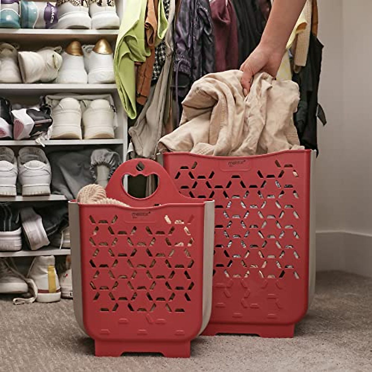 Foldable Plastic Laundry Baskets. Wall Hanging Storage Basket. Multi-function Storage Container Waterproof Durable for Bedroom and Bathroom (M&L, Red)