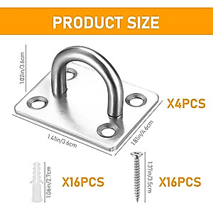 Zxglxinyao Square pad Eye Plate, 4 Pcs Heavy Duty Pad Eye Plate U Hooks, Staple Ring Hook, Ceiling Hooks Wall Mount for Hanging Yoga Swing Hammocks Suspension Hooks Hanger, with Screws, Anchors