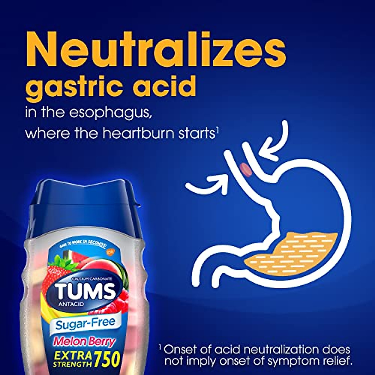 TUMS Extra Strength Chewable Sugar Free Antacid Tablets for Heartburn Relief, Melon Berry - 80 Count