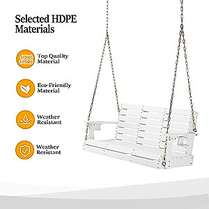 VINGLI Heavy Duty 1600 LBS HDPE Porch Swing Outdoor with Rotatable Cup Holder, 4 FT Patio Bench Swing with Adjustable Chains, 2 Person Hanging Porch Swing Chair for Porch, Yard, Tree, Garden - White