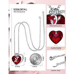 SILVERKITY 925 Sterling Silver Rose Flower Heart Birthstones Necklace for Women with Austria Crystal, Pendants Gifts, Anniversary Birthday Jewelry Gift for Wife Mom Daily Wear
