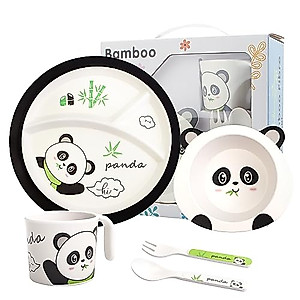 Bamboo Toddler Dinnerware Set,5Pcs Baby Plates and Bowls,Kids Dinnerware Set,Bamboo Kids Plates and Bowls Set,Christmas Kids Dishes Dinnerware Sets with Plate,Bowl,Cup,Fork and Spoon (Panda)