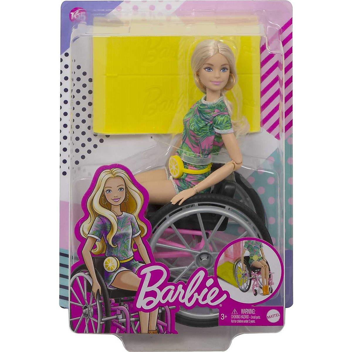 Barbie Fashionistas Doll #165 with Wheelchair & Ramp, Wavy Blonde Hair & Tropical-Print Outfit with Accessories (Amazon Exclusive)
