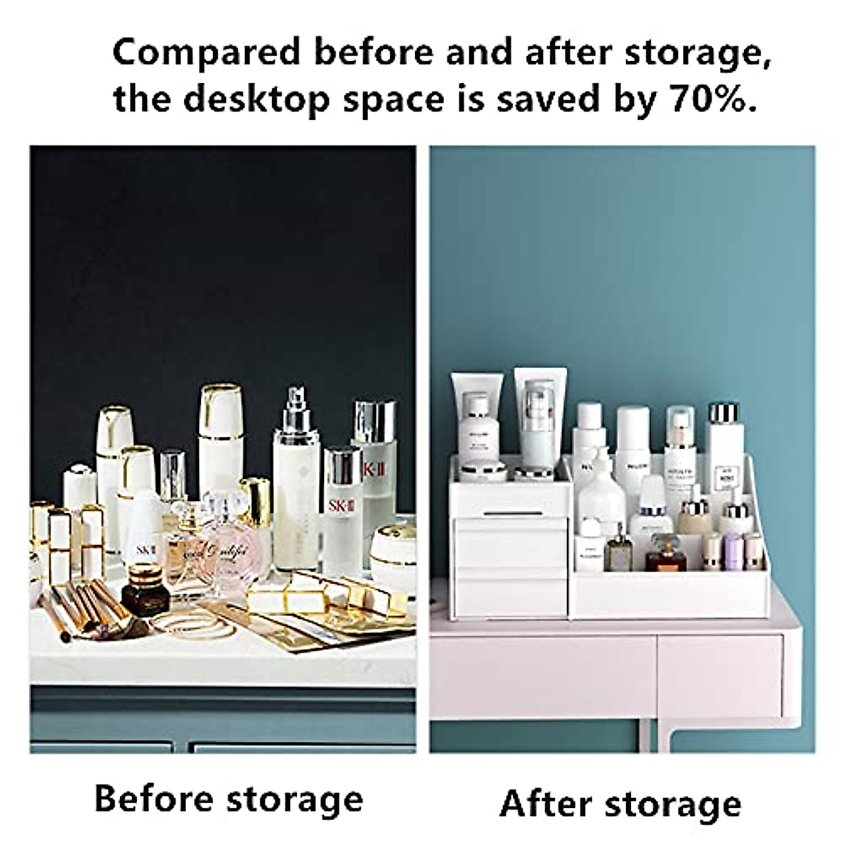 XIOU Makeup Desk Organizer with Drawers - Countertop Organizer for Cosmetics, Vanity Holder for Lipstick, Brushes, Lotions, Eyeshadow, Nail Polish and Jewelry (White)