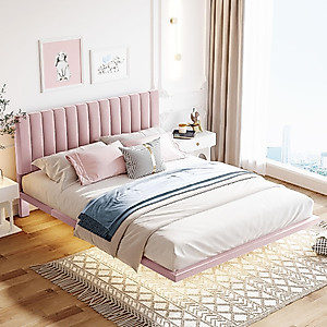 DNYN Upholstered Queen Size Floating Bed Frame with LED Lights & Headboard Design,Modern Velvet Fabric Platform Bedframe for Bedroom,Guest Room,Noise Free & Easy Assembly, Pink