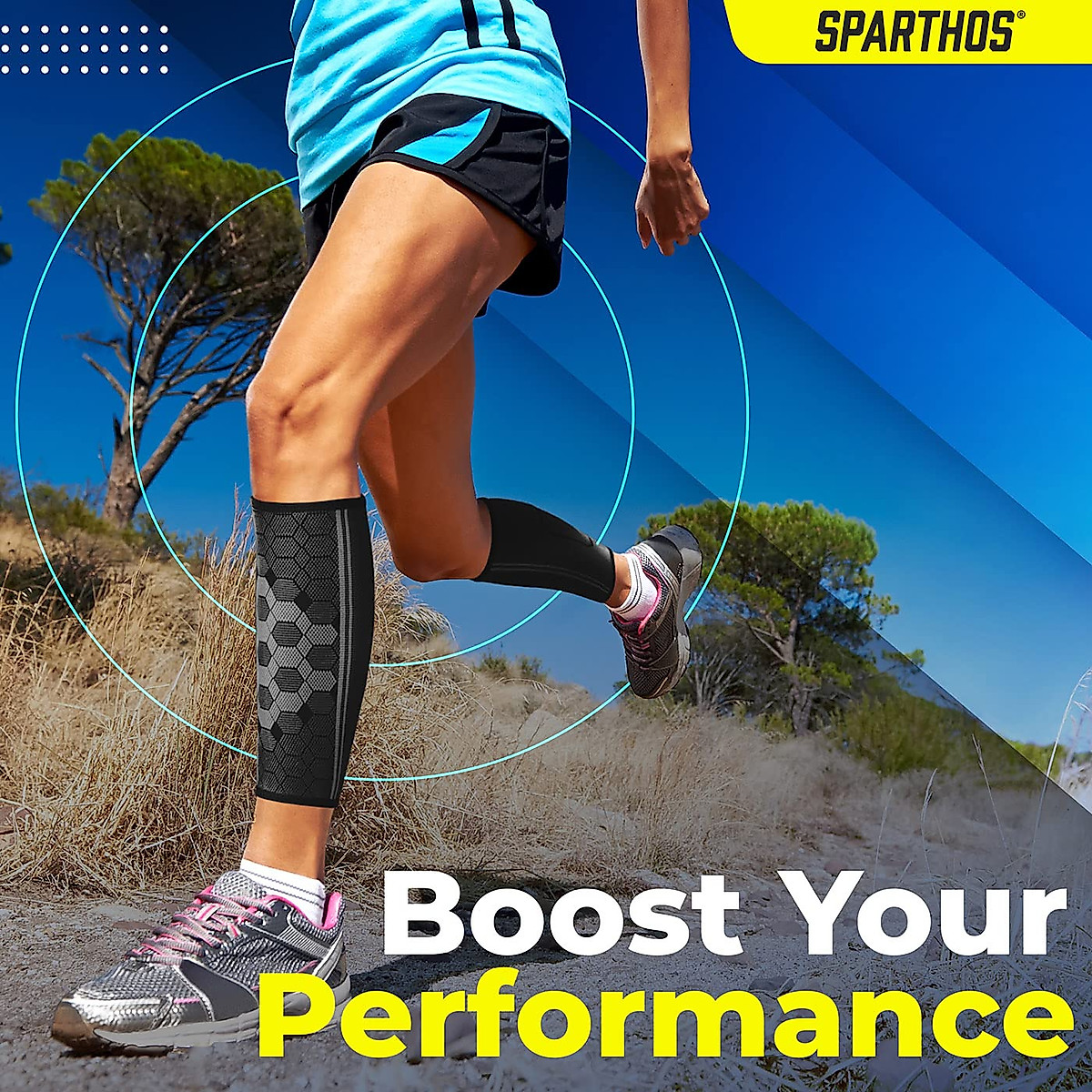 Sparthos Calf Compression Sleeve (Pair) – Leg Compression Brace for Men and Women – Shin Splint Calf Pain Relief Calves Blood Circulation Sports Support Running Walking Cycling Yoga (Black-M)