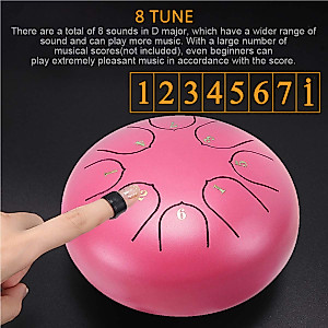 MITUTEN Steel Tongue Drum 8 Notes 6 Inches Chakra Tank Drum With bag, Music Score for Musical Education Yoga Meeting Office Home (Pink)
