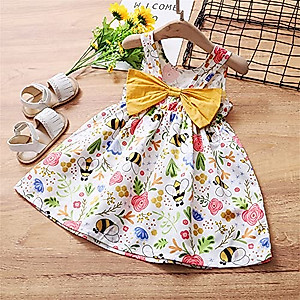 Toddler Girls Patchwork Bowknot Dress Bee Floral Prints Sleeveless Dresses Casual Soft Ruffle Swing Clothes (Yellow, 9-12 Months)
