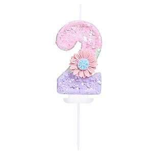 EAKE 2 Birthday Candle with 3D Pink Daisy and Sweet Pastel Color-Blocked Sequins Number 2 Candle for Anniversary or Girls 2-Year-Old Happy 2nd Macaron Birthday Party Cake Decorations