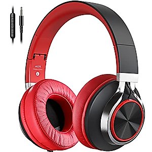 COOSII AC01 Headphones Wired Noise Isolating Over Ear Corded Stereo Headsets with Microphone Volume Control for Adults Teens 3.5mm for Cellphones, Tablets, Laptop, Chromebook (Black Red)
