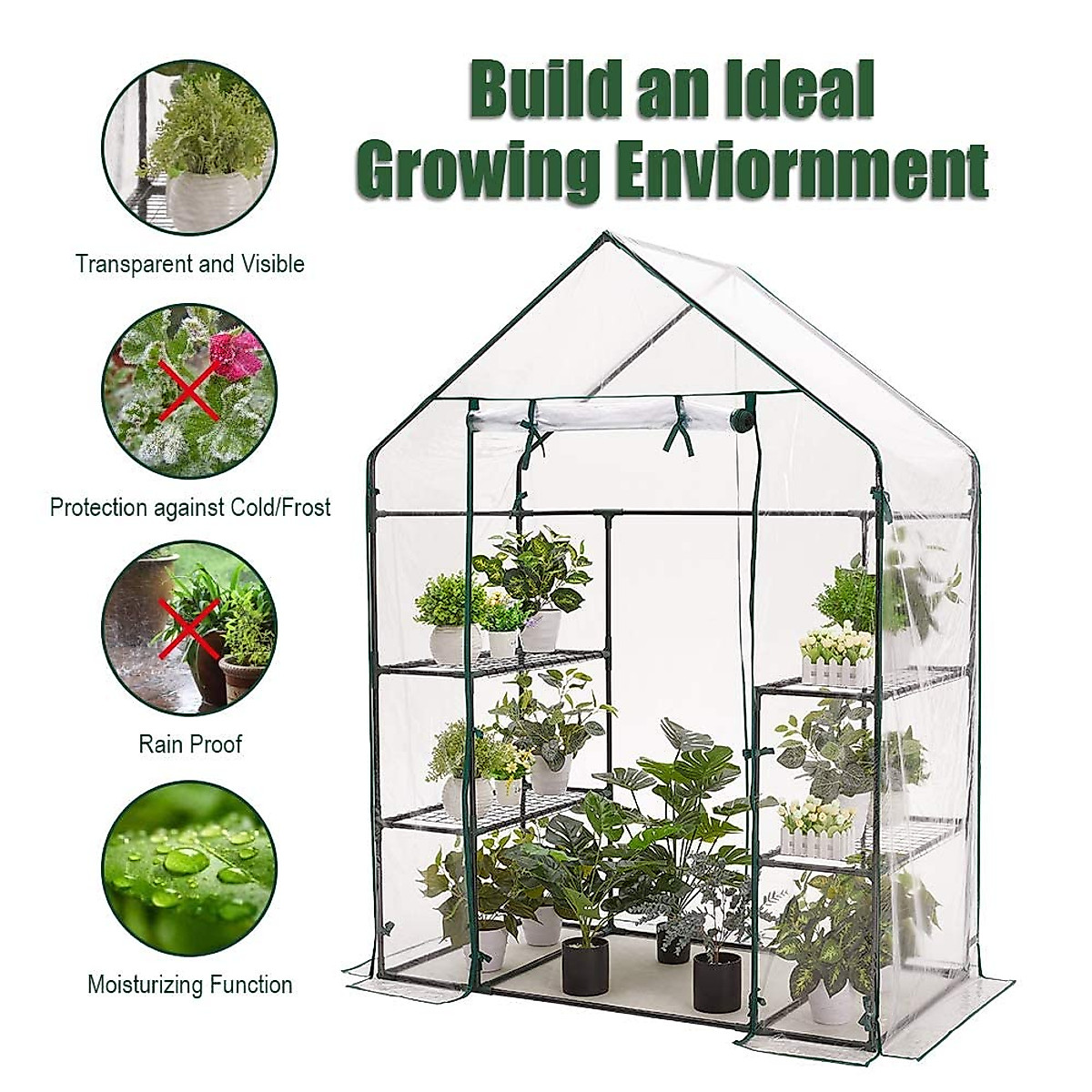 AMERLIFE Mini Walk-in Greenhouse 3 Tier 4 Shelves with PVC Cover and Roll-Up Zipper Door,for Indoor Outdoor Use Extra Hooks Wind Ropes, 77''x56''x29''