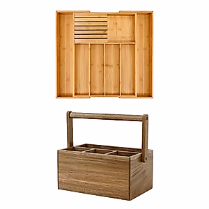 VaeFae Bamboo Silverware Drawer Organizer Kitchen and Acacia Silverware Caddy with Handle