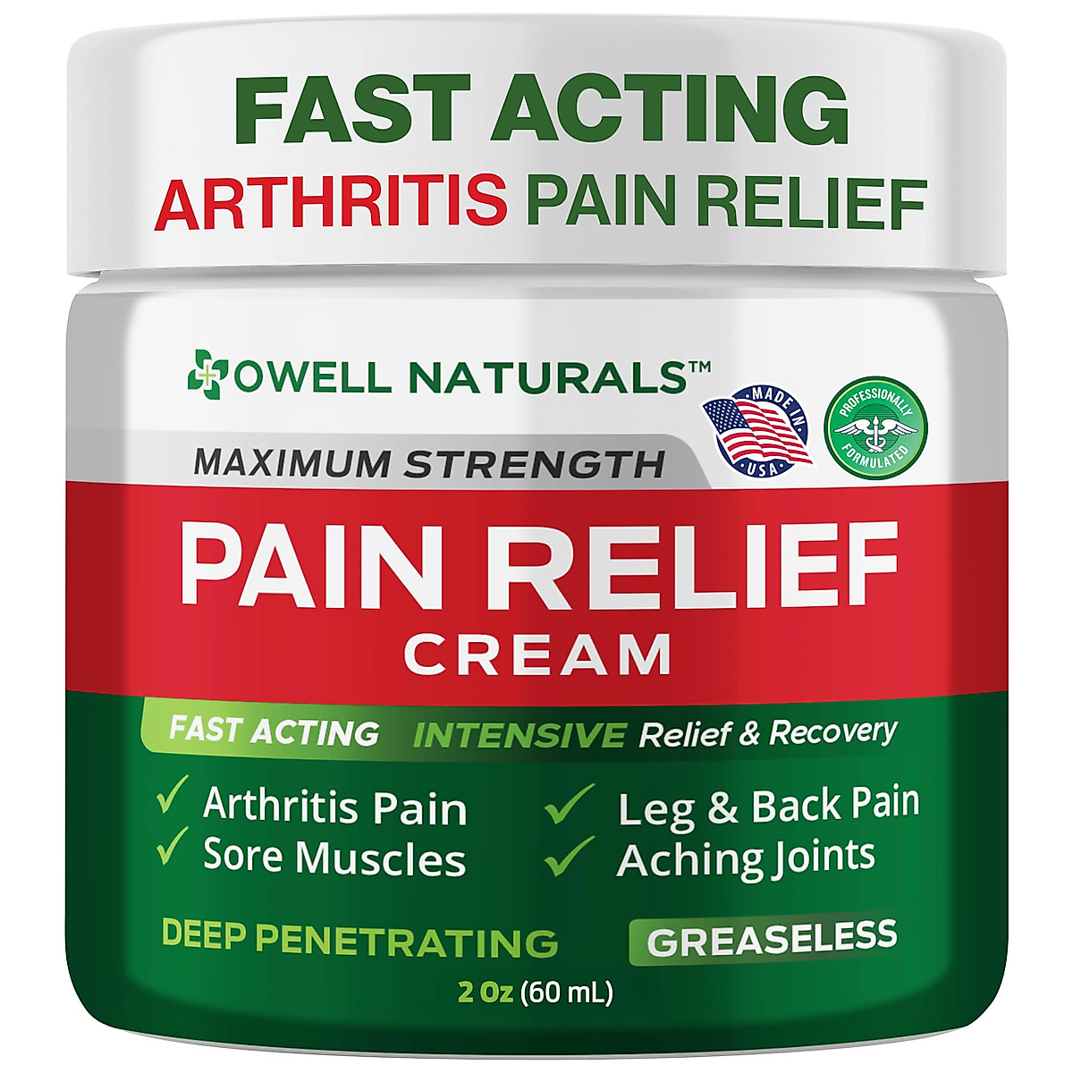 OWELL NATURALS Arthritis Pain Relief Cream, Fast-Acting, Deep Penetrating Joint & Muscle | Non-Greasy Formula for Back, Knee, Feet, Hand, Legs, Shoulder | Natural Ingredients, 2 oz