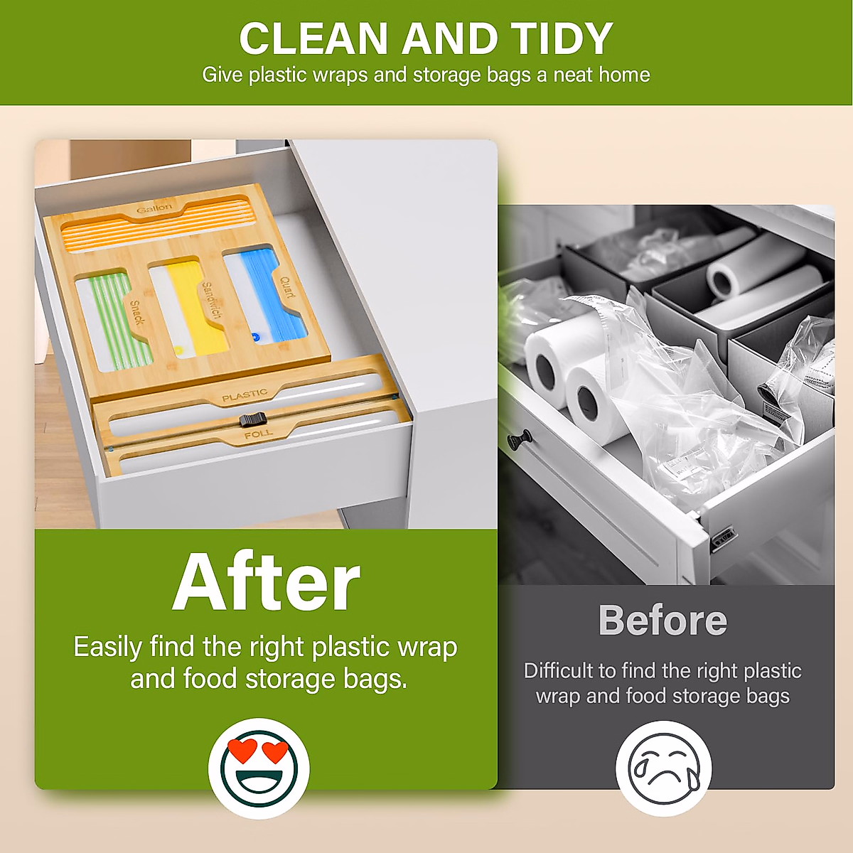 4 Slots Bag Organizer and 2 Foil Plastic Wrap Cutter Dispenser Separated, Bamboo Bag Storage Organizers for Kitchen Drawer, Baggie Organizer for for Gallon, Quart Sandwich & Snack Bags