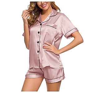 Aniywn Silk Pajamas For Women Shorts Set Loose Button Down Short Sleeve Tops and ShortsSilk Nightwear Suit Sleepwear Pink