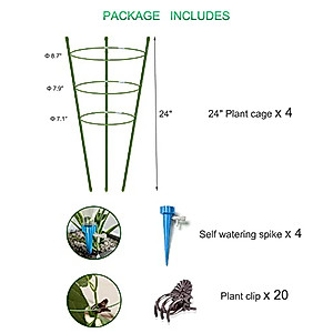 4 Pack Garden Plant Support Tomato Cage, Upgrade 24" Trellis for Climbing Plants, Plant Trellis Kits with 4 Self Watering Spikes and 20 Plant Clips (24")