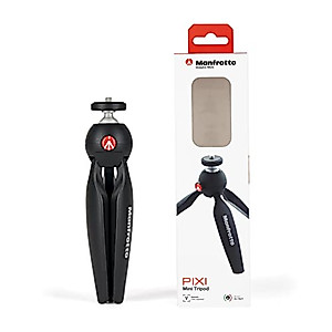 Manfrotto MTPIXIMII-B, PIXI Mini Tripod with Handgrip for Compact System Cameras, Made in Italy, for DSLR, Mirrorless, Video, Compact Size, Technopolymer and Aluminium, Black