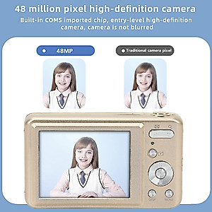 Portable Digital Camera, 48MP HD Digital Camera with 2.7in Screen and 8X Zoom, Vlogging Camera for Children Beginners, Supports 32GB Storage Expansion (Gold)