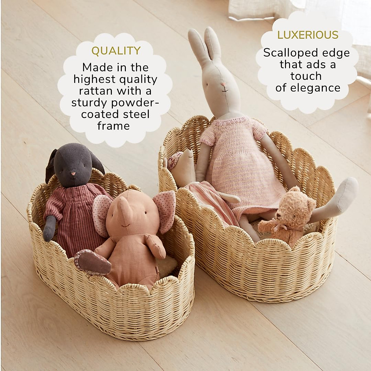 BEBE BASK Scalloped Basket Set Of 2 - Hand Woven Scallop Basket - 16 x 10 x 7 In - Scalloped Wicker Basket - Scalloped Edge Basket - Scalloped Storage Basket (Natural)