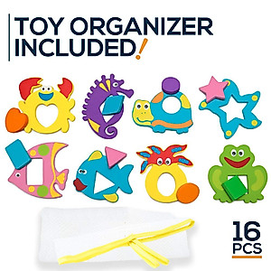 Foam Bath Toys - 100% Non-Toxic Floating Puzzles Animals - Early Learning Bathtub Toy - Fun Educational Geometric Shapes for Toddlers Kids Boys Girls - Free Bath Toy Organizer & Fishing Rod