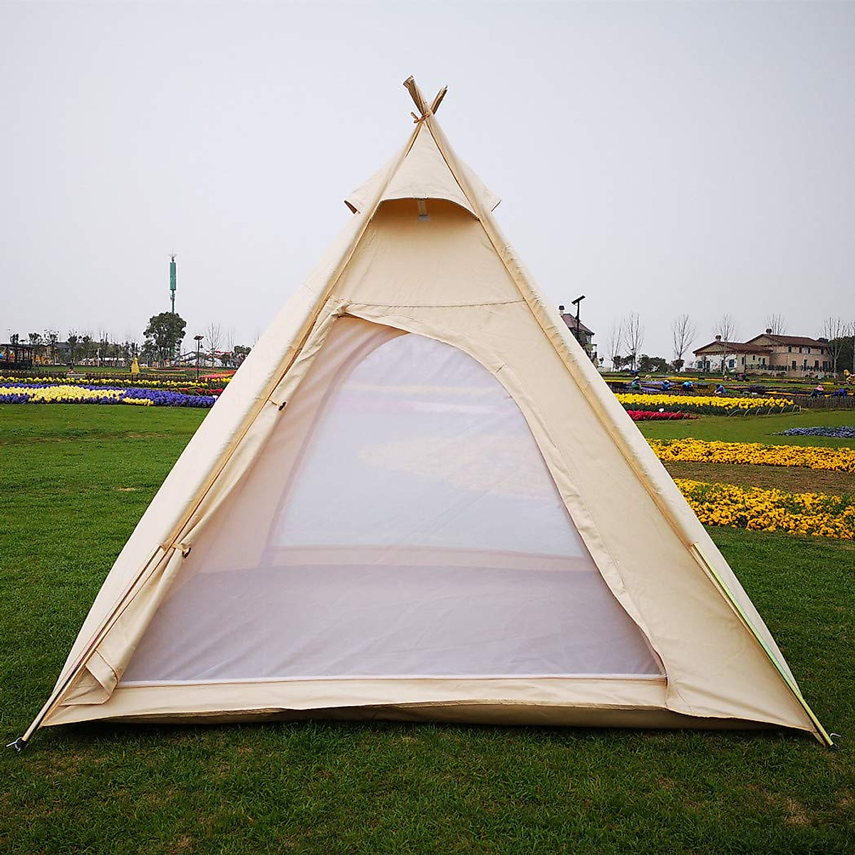 Free Space Outdoor 100% Cotton Canvas Waterproof Pyramid-Shaped Camping Tent (Beige, 2.15meters)