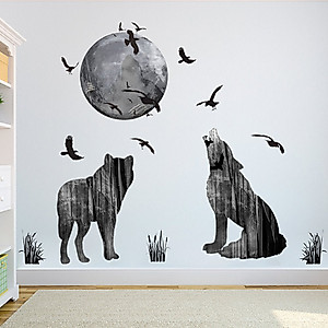 Wland 33 inches x 28 inches Moon Wolves Mountain Forests Silhouette Animals Wall Stickers Decals Decorations for Children Nursery Kids Room