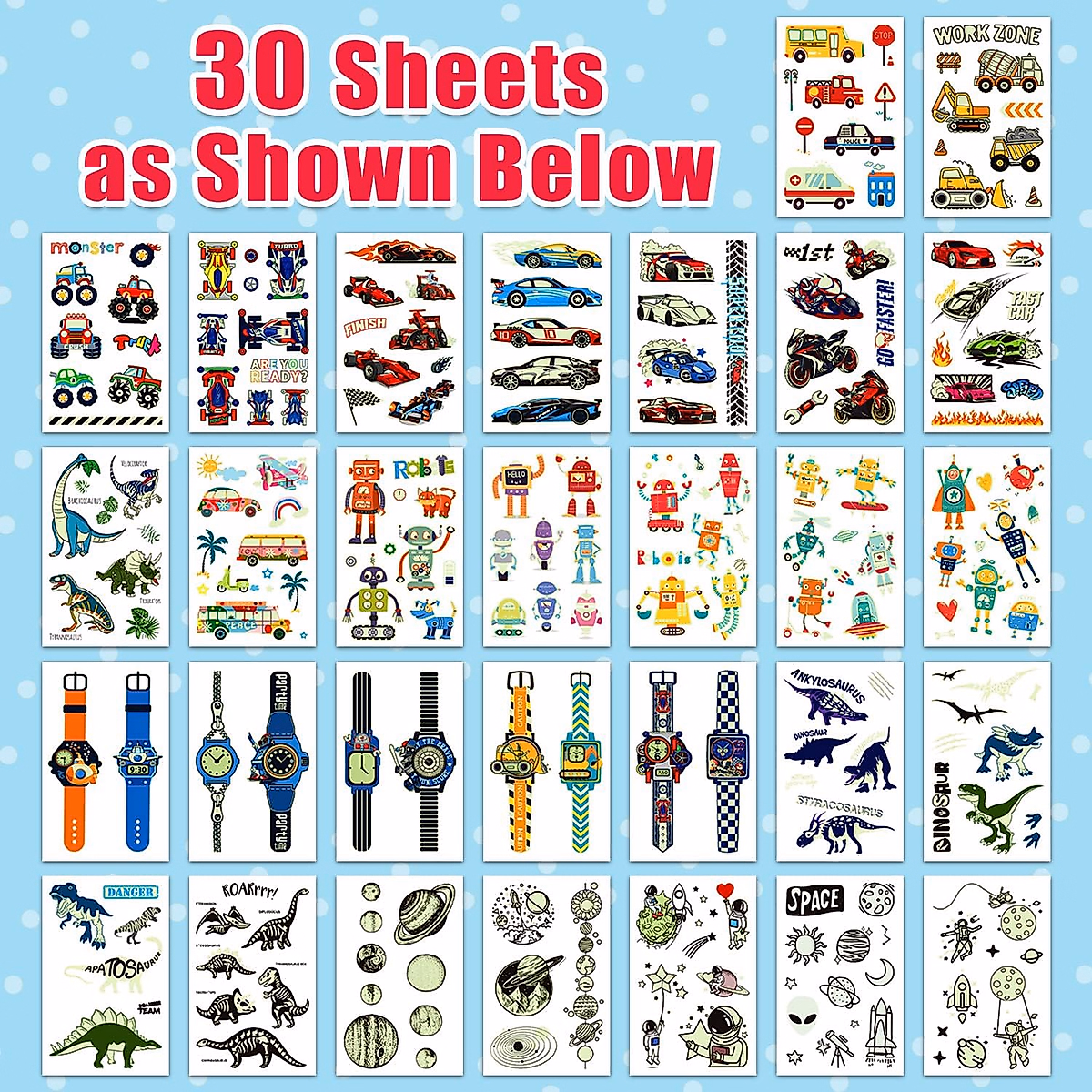 Leesgel 30 Sheets Mixed Styles Luminous Tattoos for Boys Kids, Kids Birthday Party Supplies Favors Decorations Gaming Toys, Water Proof Dinosaur/Car/Space/Robot Temporary Tattoo Stickers