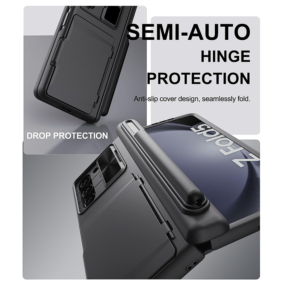 SIXBOX for Samsung Galaxy Z Fold 5 Case with Card Holder & S Pen Holder & Slide Lens Cover, Built-in Hinge Protection & Screen Protector, Durable Sturdy Phone Cover Case for Galaxy Z Fold 5, Black