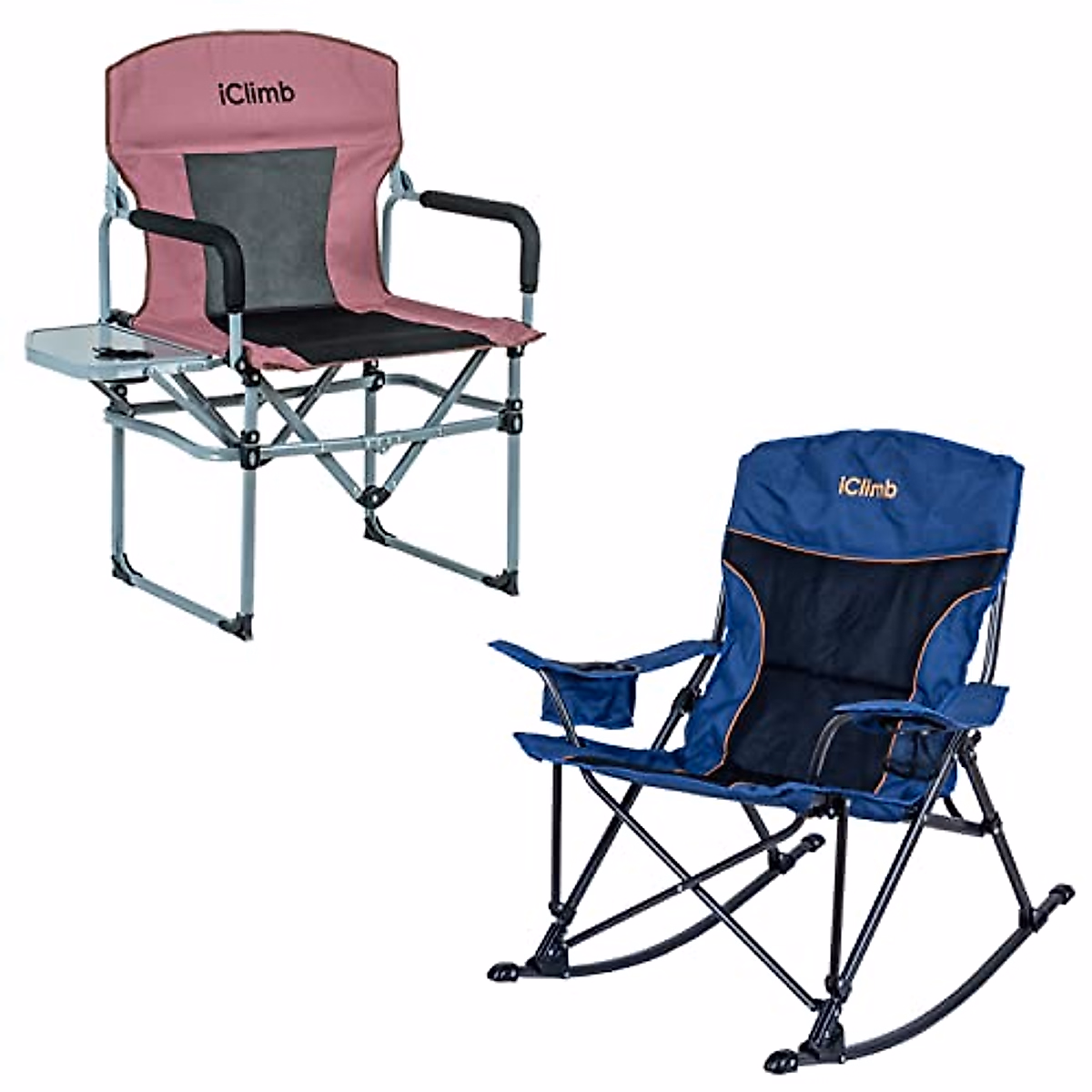 iClimb 1 Heavy Duty Compact Folding Chair and 1 Padded Rocking Folding Chair Bundle for Two Person Camping Patio Porch Backyard Lawn Garden Balcony Concert BBQ Indoor Outdoor